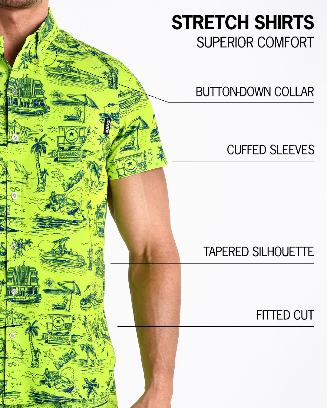 TOILE DE MIAMI (NEON GREEN/BLUE) - Stretch Shirt – BANG!® Miami